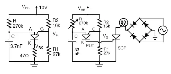 PUT-Relaxationsoszillator mit Komponentenwerten. PUT steuert SCR-Lampendimmer.