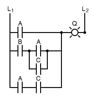 Exemple de simplificació booleana per a circuits de relés electromecànics.