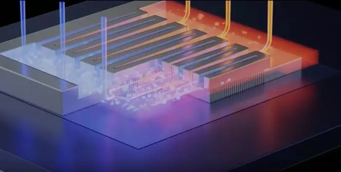 Mikrofluidkanaler er placeret meget tæt på transistorens hot spots, hvilket gør det muligt at udvinde varme på det helt rigtige sted for maksimal effektivitet.