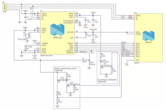 Circuíto de aplicación típico para os MCU PMIC e nRFx.