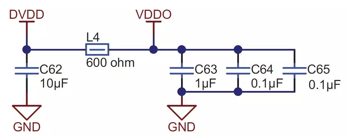 Ffigur 7. Datgysylltu cydrannau (cynwysorau a ferrite) ar gyfer y cyflenwad digidol ADC (DVDD) a chyflenwad allbwn byffer cloc (VDDO) ar sgematig ADS127L01EVM