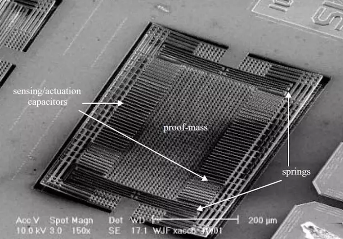 Scanning electron micrographs (SEM) ta' aċċelerometru CMOS MEMS