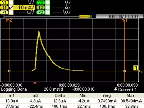 Fíor 5. Gabháil Nasc Ceallraí Díreach le Cap Stórála 330 µF @ VPS= 3.0 V. IBATT (Buí)