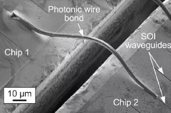 Kuwona kwapafupi kwa ma photonic wire bond interconnects. Chitsanzo chodziwika bwino cha njira yolumikizira waya ya Photonic.