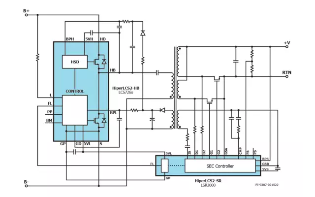 Schematic kwa HiperLCS-2. Chithunzi chogwiritsidwa ntchito mwachilolezo cha Power Integrations