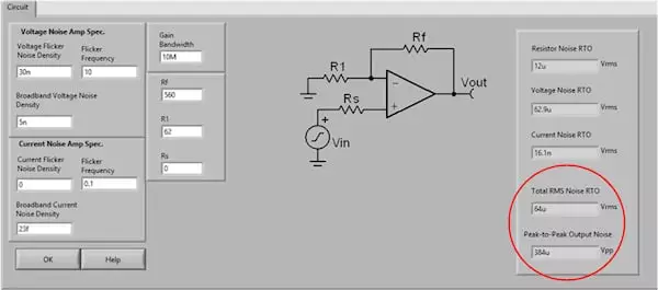 TLV6741 neinvertuojantis, G = 10 V/V triukšmo skaičiavimas