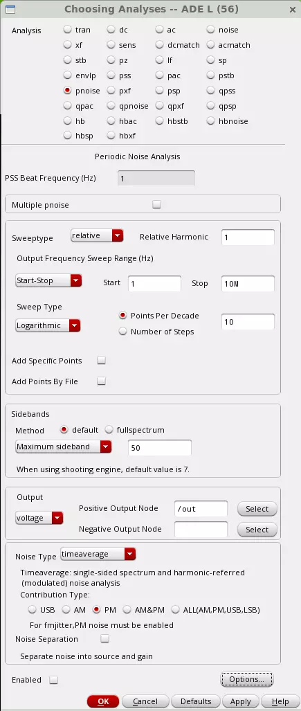 Alegerea analizelor pentru configurarea PNoise