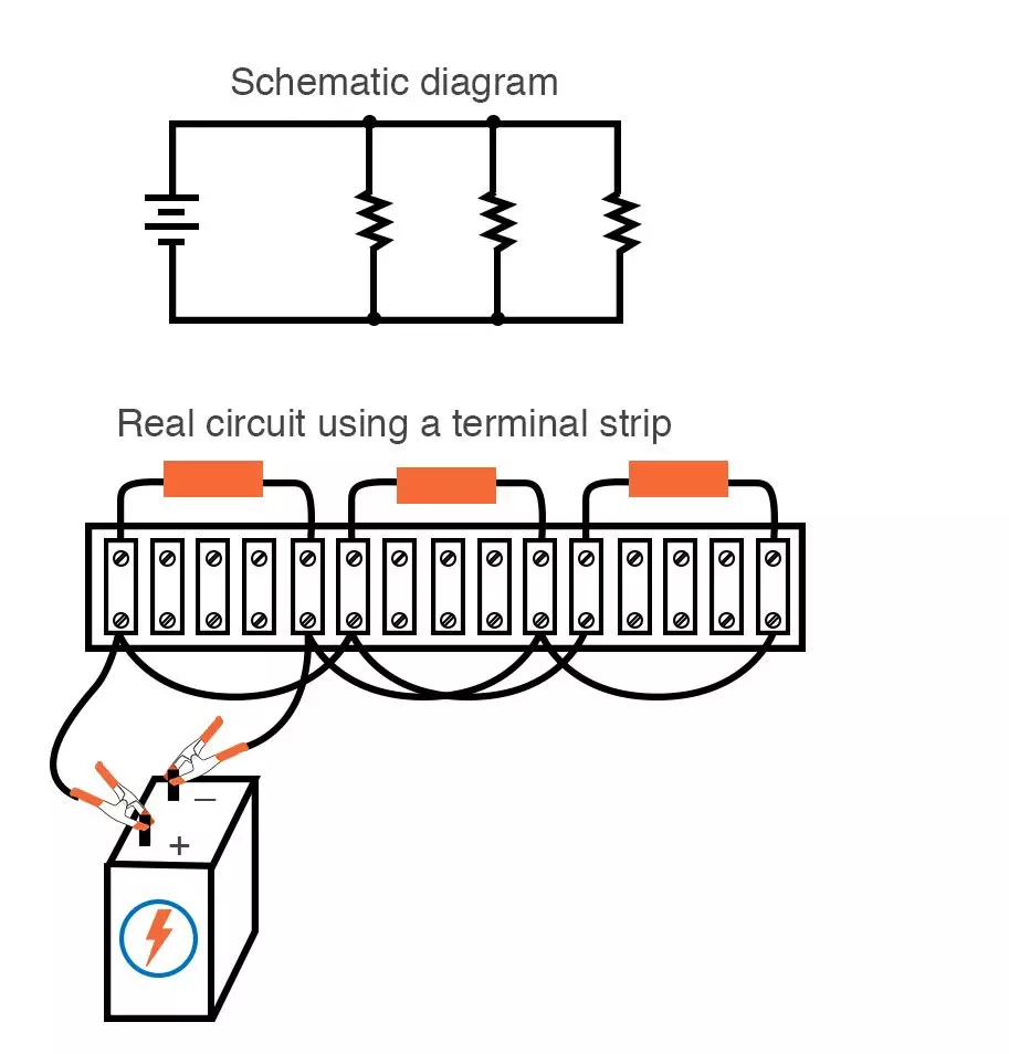 ایک بیٹری تین ریزسٹرس متوازی سرکٹ ٹرمینل کی پٹی